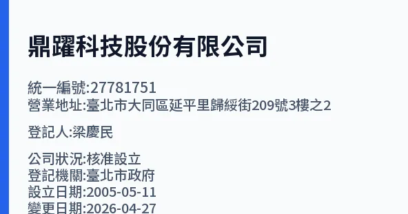鼎躍科技股份有限公司的照片-統編 27781751(臺北市) 公司登記資料與營業項目詳細圖表