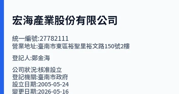宏海產業股份有限公司的照片-統編 27782111(臺南市) 公司登記資料與營業項目詳細圖表