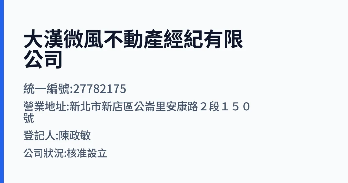 大漢微風不動產經紀有限公司 - 統編 27782175(新北市) 公司登記資料與營業項目詳細圖表