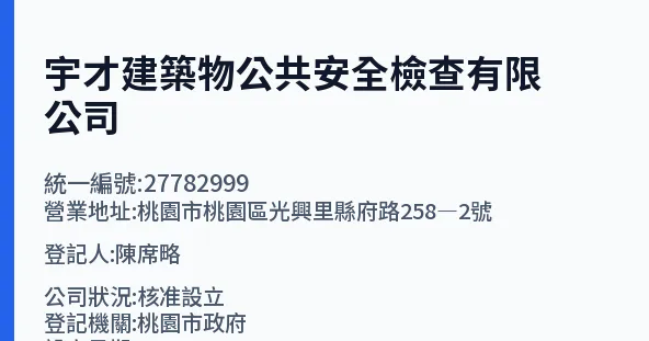 宇才建築物公共安全檢查有限公司的照片-統編 27782999(桃園市) 公司登記資料與營業項目詳細圖表