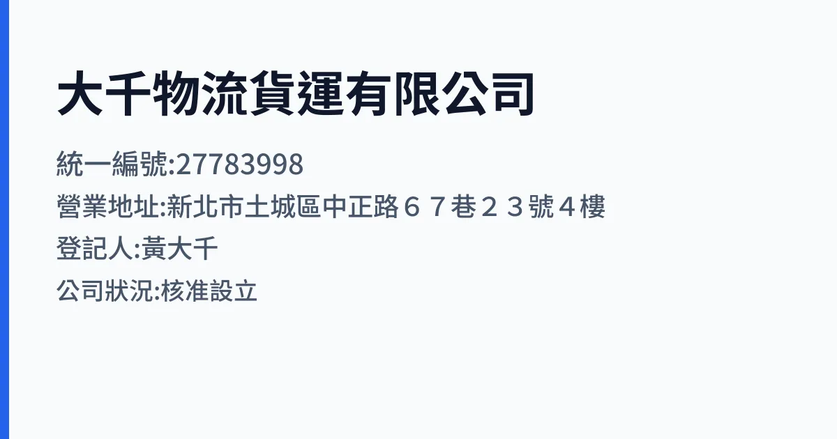 大千物流貨運有限公司 - 統編 27783998(新北市) 公司登記資料與營業項目詳細圖表