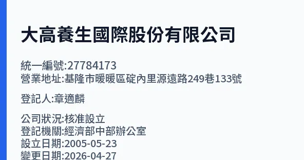 大高養生國際股份有限公司的照片-統編 27784173(基隆市) 公司登記資料與營業項目詳細圖表