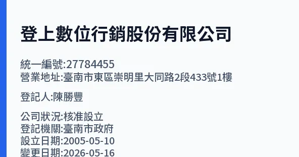 登上數位行銷股份有限公司的照片-統編 27784455(臺南市) 公司登記資料與營業項目詳細圖表