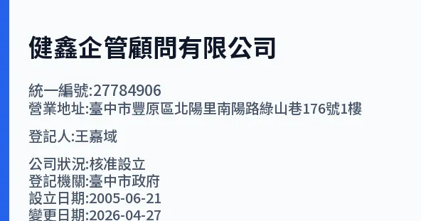 健鑫企管顧問有限公司的照片-統編 27784906(臺中市) 公司登記資料與營業項目詳細圖表