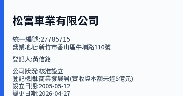 松富車業有限公司的照片-統編 27785715(新竹市) 公司登記資料與營業項目詳細圖表