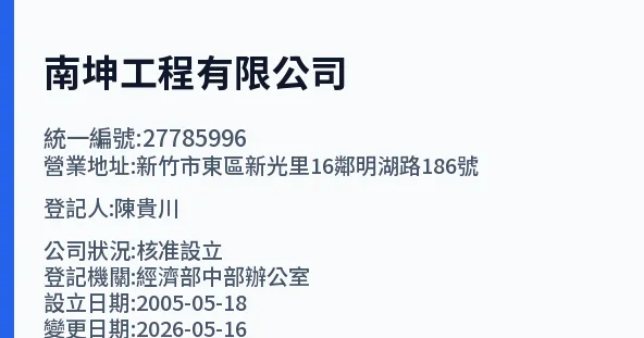 南坤工程有限公司的照片-統編 27785996(新竹市) 公司登記資料與營業項目詳細圖表