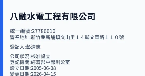 八融水電工程有限公司的照片-統編 27786616(新竹縣) 公司登記資料與營業項目詳細圖表