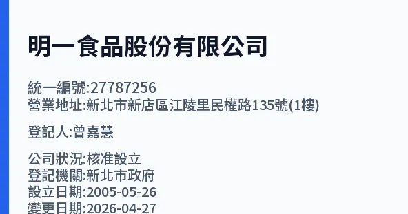明一食品股份有限公司的照片-統編 27787256(新北市) 公司登記資料與營業項目詳細圖表