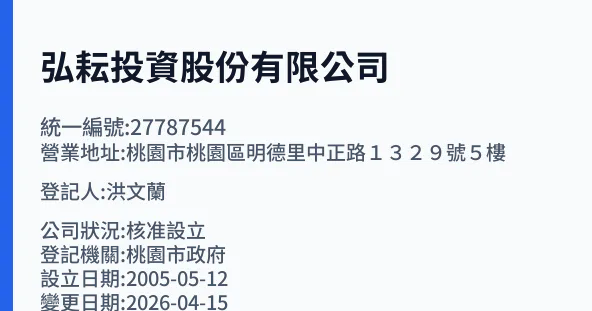 弘耘投資股份有限公司的照片-統編 27787544(桃園市) 公司登記資料與營業項目詳細圖表