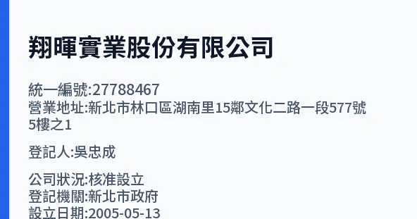 翔暉實業股份有限公司的照片-統編 27788467(新北市) 公司登記資料與營業項目詳細圖表