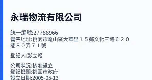 永瑞物流有限公司的照片-統編 27788966(桃園市) 公司登記資料與營業項目詳細圖表