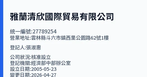 雅蘭清欣國際貿易有限公司的照片-統編 27789254(雲林縣) 公司登記資料與營業項目詳細圖表