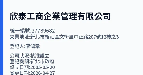 欣泰工商企業管理有限公司的照片-統編 27789682(新北市) 公司登記資料與營業項目詳細圖表