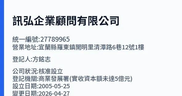 訊弘企業顧問有限公司的照片-統編 27789965(宜蘭縣) 公司登記資料與營業項目詳細圖表