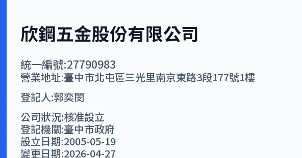 欣鋼五金股份有限公司的照片-統編 27790983(臺中市) 公司登記資料與營業項目詳細圖表