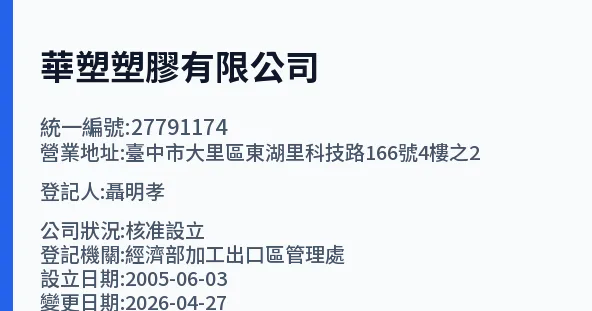 華塑塑膠有限公司的照片-統編 27791174(臺中市) 公司登記資料與營業項目詳細圖表