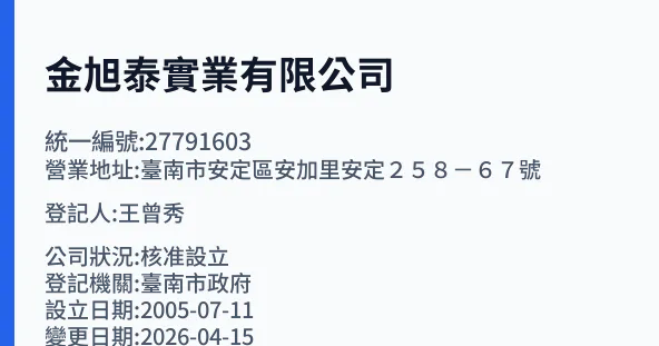 金旭泰實業有限公司的照片-統編 27791603(臺南市) 公司登記資料與營業項目詳細圖表