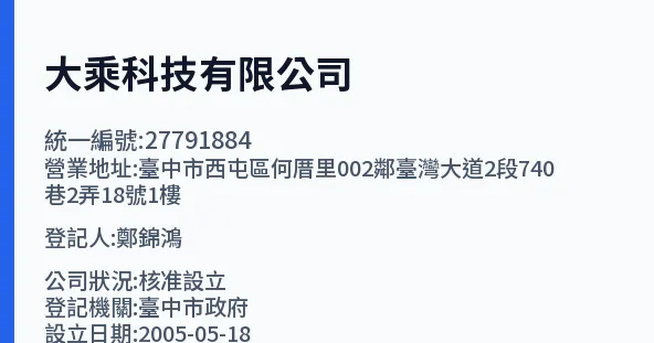 大乘科技有限公司的照片-統編 27791884(臺中市) 公司登記資料與營業項目詳細圖表