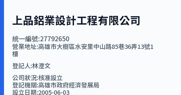上品鋁業設計工程有限公司的照片-統編 27792650(高雄市) 公司登記資料與營業項目詳細圖表