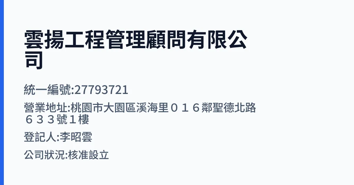 雲揚工程管理顧問有限公司 - 統編 27793721(桃園市) 公司登記資料與營業項目詳細圖表