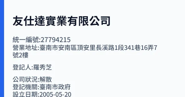 友仕達實業有限公司的照片-統編 27794215(臺南市) 公司登記資料與營業項目詳細圖表