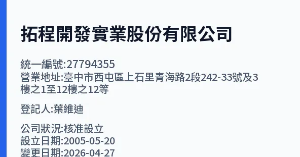拓程開發實業股份有限公司的照片-統編 27794355(臺中市) 公司登記資料與營業項目詳細圖表