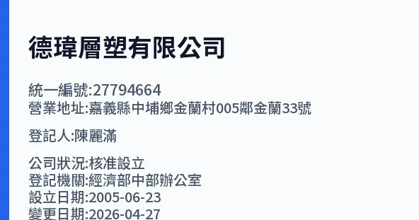 德瑋層塑有限公司的照片-統編 27794664(嘉義縣) 公司登記資料與營業項目詳細圖表