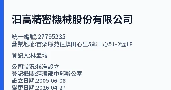 汨高精密機械股份有限公司的照片-統編 27795235(苗栗縣) 公司登記資料與營業項目詳細圖表
