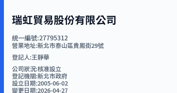 瑞虹貿易股份有限公司的照片-統編 27795312(新北市) 公司登記資料與營業項目詳細圖表