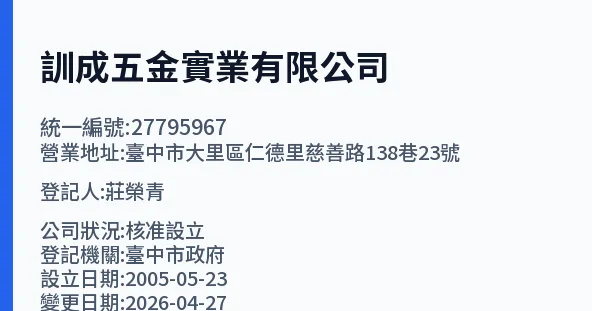 訓成五金實業有限公司的照片-統編 27795967(臺中市) 公司登記資料與營業項目詳細圖表