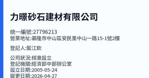 力暻砂石建材有限公司的照片-統編 27796213(基隆市) 公司登記資料與營業項目詳細圖表
