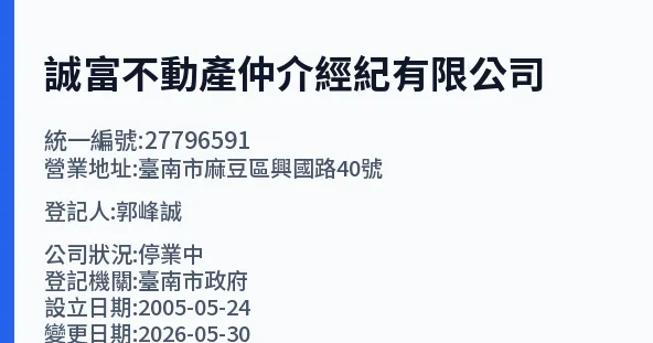 誠富不動產仲介經紀有限公司的照片-統編 27796591(臺南市) 公司登記資料與營業項目詳細圖表