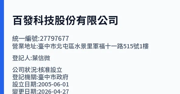 百發科技股份有限公司的照片-統編 27797677(臺中市) 公司登記資料與營業項目詳細圖表