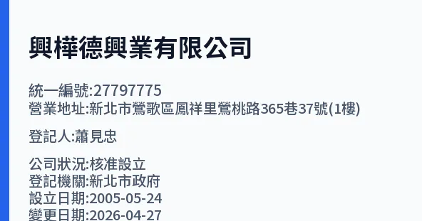 興樺德興業有限公司的照片-統編 27797775(新北市) 公司登記資料與營業項目詳細圖表