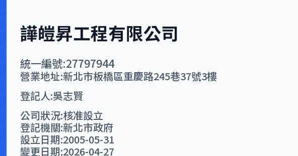 譁皚昇工程有限公司的照片-統編 27797944(新北市) 公司登記資料與營業項目詳細圖表