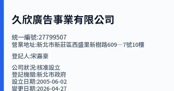 久欣廣告事業有限公司的照片-統編 27799507(新北市) 公司登記資料與營業項目詳細圖表