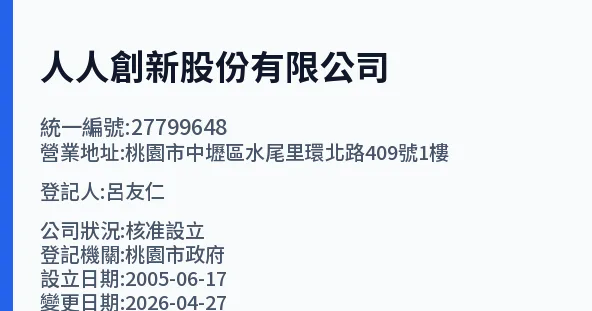 人人創新股份有限公司的照片-統編 27799648(桃園市) 公司登記資料與營業項目詳細圖表