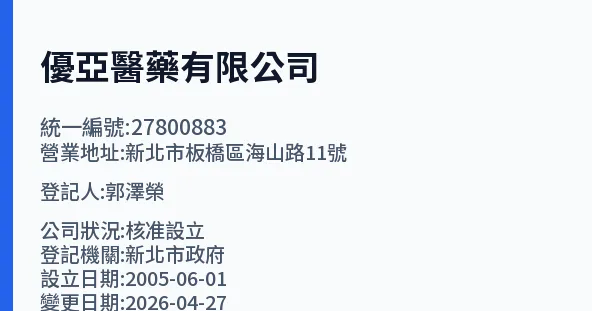 優亞醫藥有限公司的照片-統編 27800883(新北市) 公司登記資料與營業項目詳細圖表