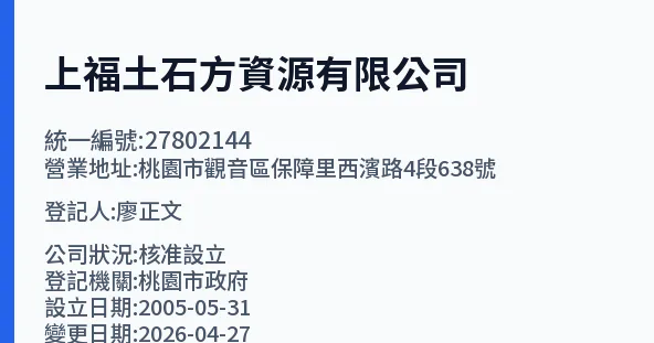上福土石方資源有限公司的照片-統編 27802144(桃園市) 公司登記資料與營業項目詳細圖表