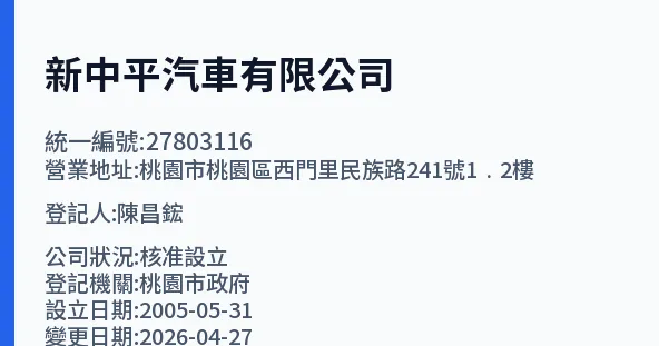 新中平汽車有限公司的照片-統編 27803116(桃園市) 公司登記資料與營業項目詳細圖表