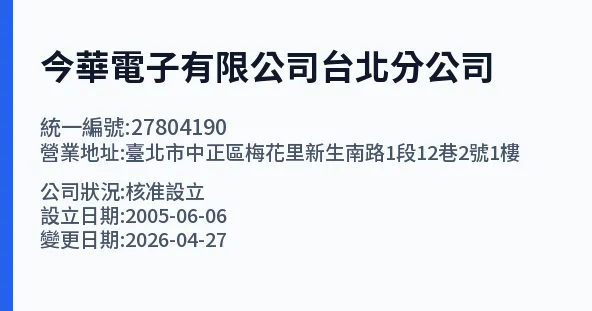 今華電子有限公司台北分公司的照片-統編 27804190(臺北市) 公司登記資料與營業項目詳細圖表
