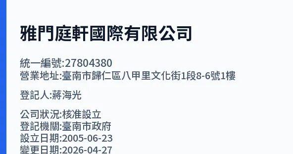 雅門庭軒國際有限公司的照片-統編 27804380(臺南市) 公司登記資料與營業項目詳細圖表