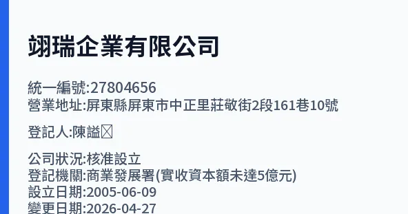 翊瑞企業有限公司的照片-統編 27804656(屏東縣) 公司登記資料與營業項目詳細圖表