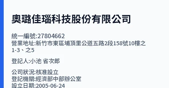 奧璐佳瑙科技股份有限公司的照片-統編 27804662(新竹市) 公司登記資料與營業項目詳細圖表
