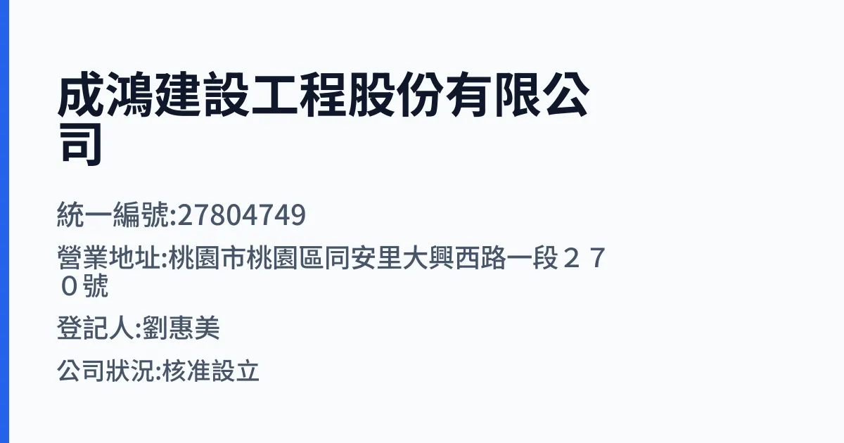 成鴻建設工程股份有限公司 - 統編 27804749(桃園市) 公司登記資料與營業項目詳細圖表