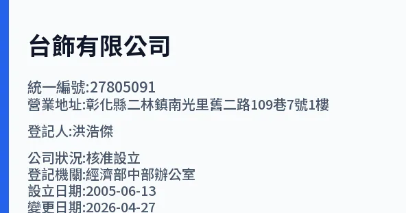 台飾有限公司的照片-統編 27805091(彰化縣) 公司登記資料與營業項目詳細圖表