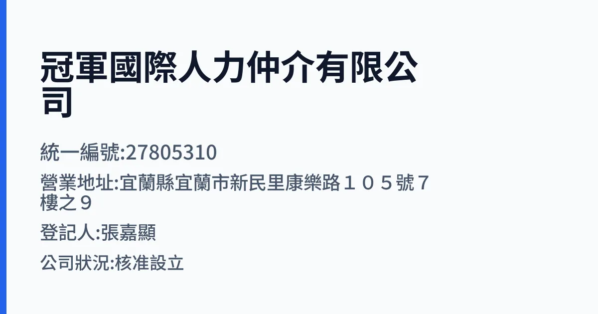 冠軍國際人力仲介有限公司 - 統編 27805310(宜蘭縣) 公司登記資料與營業項目詳細圖表