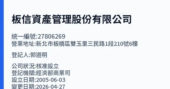 板信資產管理股份有限公司的照片-統編 27806269(新北市) 公司登記資料與營業項目詳細圖表