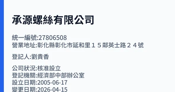 承源螺絲有限公司的照片-統編 27806508(彰化縣) 公司登記資料與營業項目詳細圖表