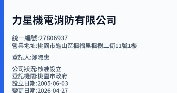 力星機電消防有限公司的照片-統編 27806937(桃園市) 公司登記資料與營業項目詳細圖表